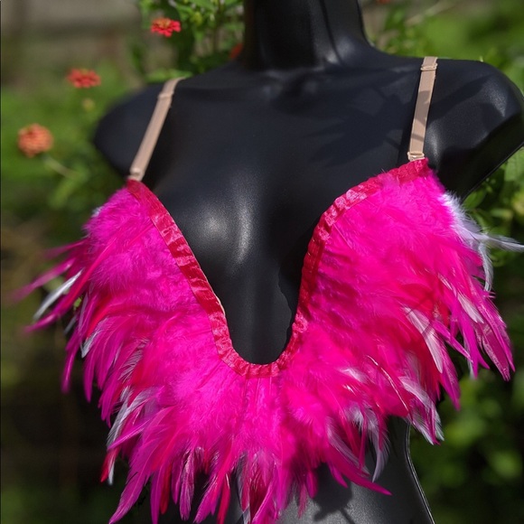 Tops | 34b Pink And White Feather Festival Rave Bra | Poshmark